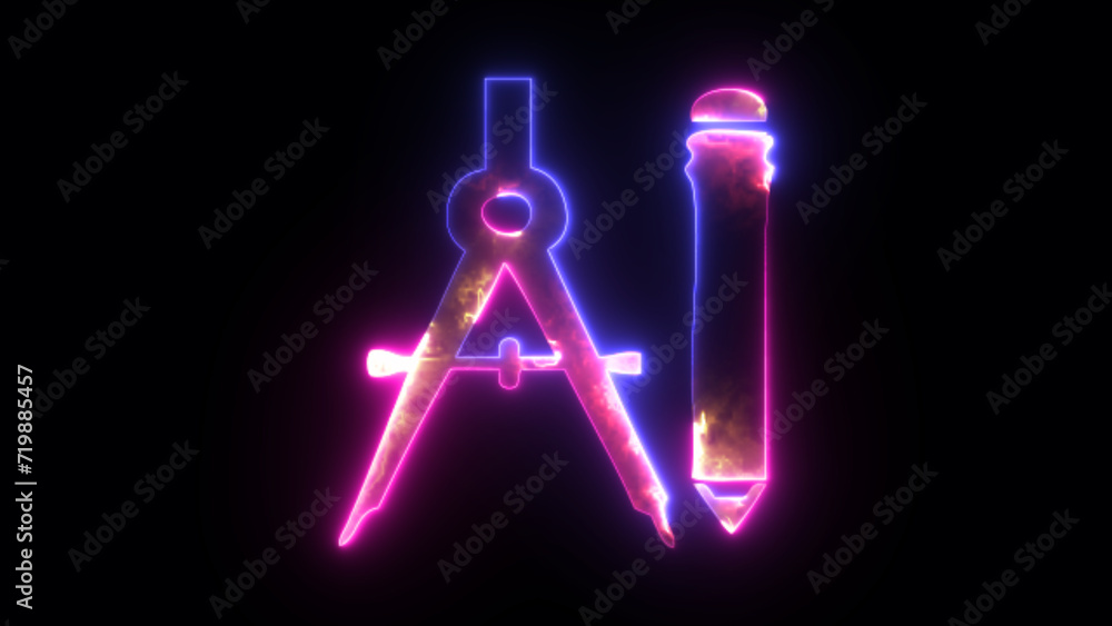 Glowing neon Compas and pencil neon sign and icon. 3D illustration of ...