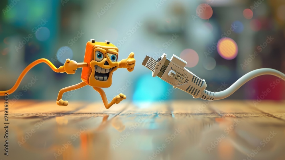 Cartoon scene A USB cable and an Ethernet cable engaged in an intense ...