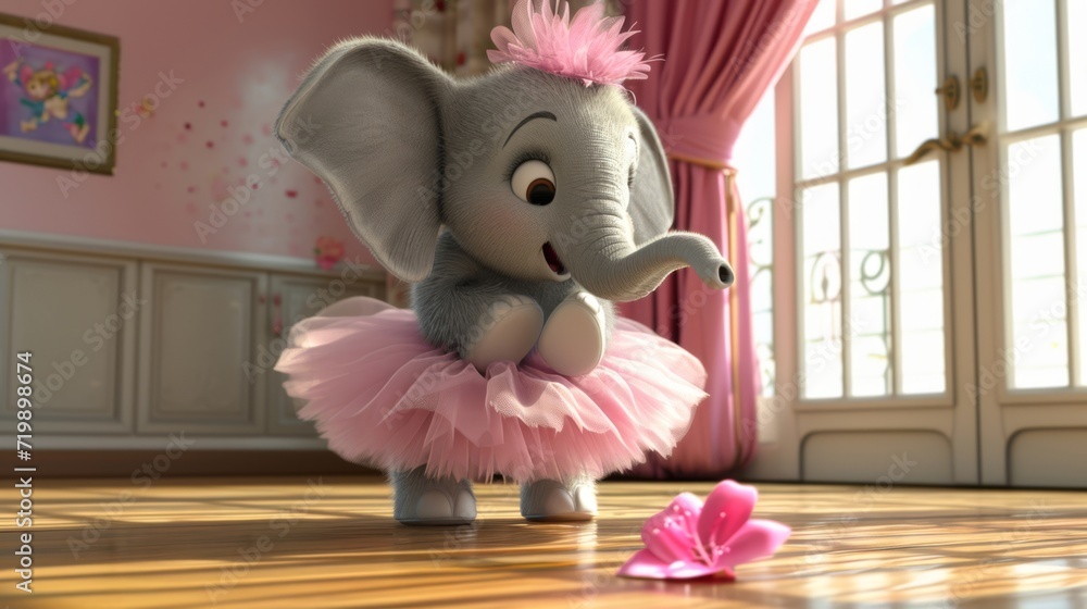 A curious elephant wearing a tutu and ballet slippers creeps up behind ...