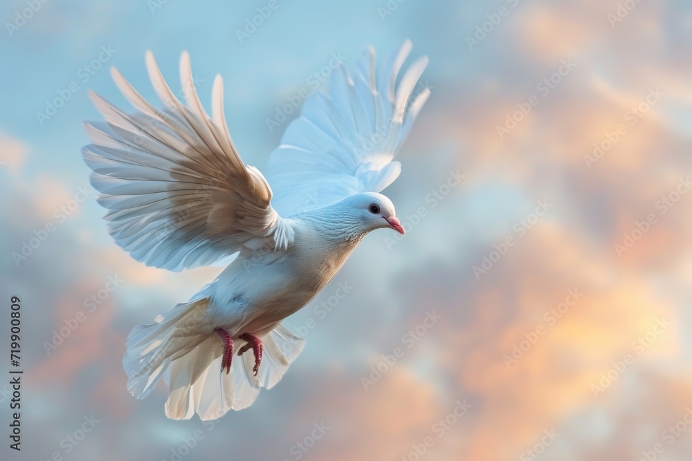 One White Dove freedom flying Wings on sunset wide sky background ...