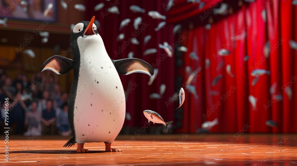 Cartoon scene A clumsy penguin attempts to juggle fish on stage but ...