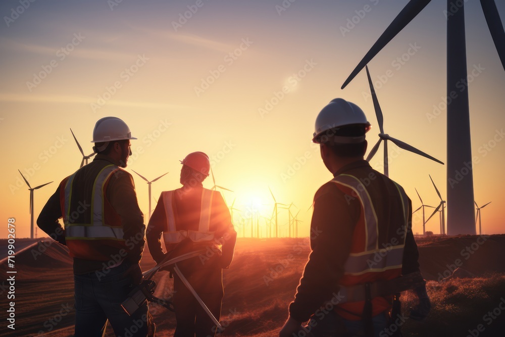 Young maintenance engineer team working in wind turbine farm at sunset ...