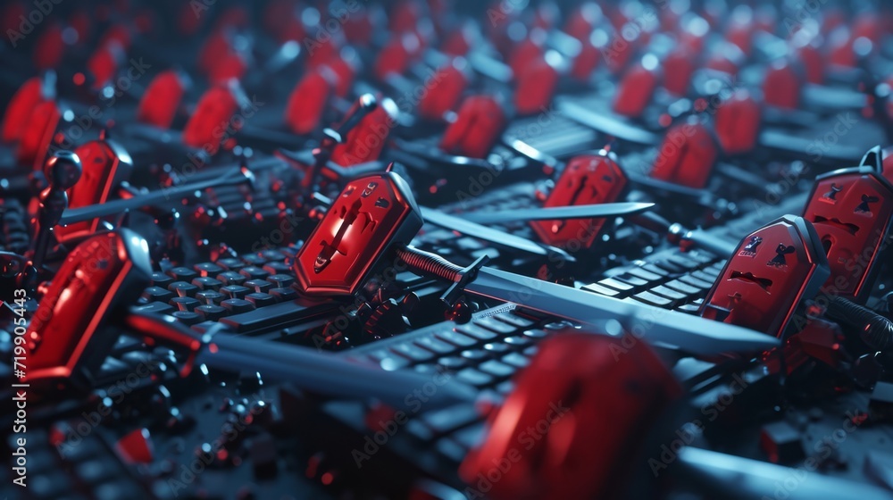 A battlefield of sorts with keyboards armed with lettershaped swords ...