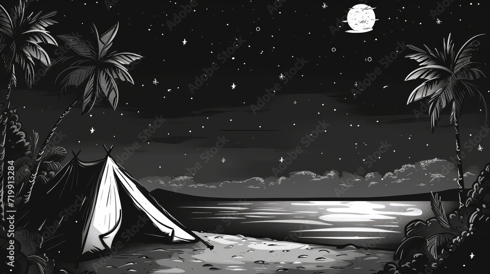 Camping tent on the beach with night sky and stars in 2D game art style ...