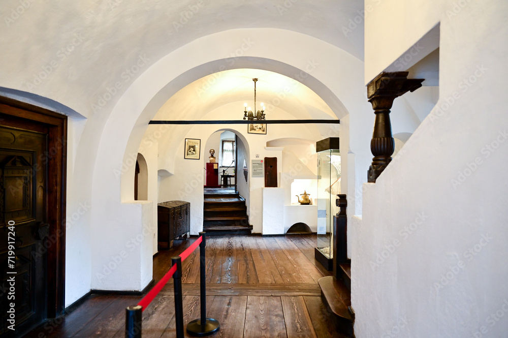 Interior of Dracula Castle with old wooden beams, Bran Castle, Törzburg ...