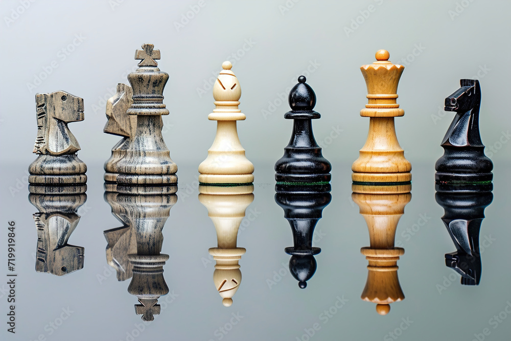 Chess pieces on a reflective surface, capturing both the pieces and ...