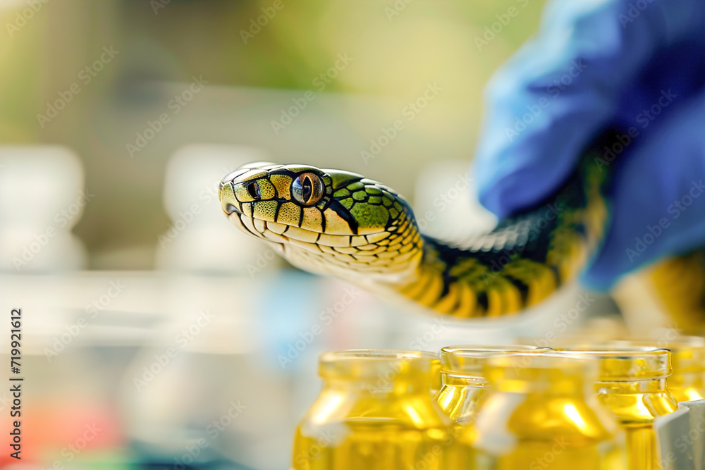 Extracting venom from snakes in laboratory, for medical research ...
