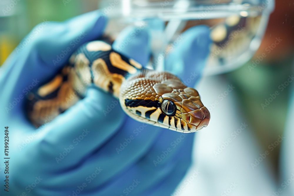 Extracting venom from snakes in laboratory, for medical research ...