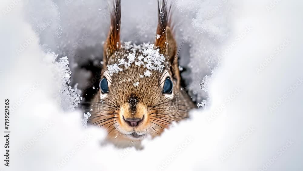Closeup of a curious squirrels face covered in snow crystals as it ...
