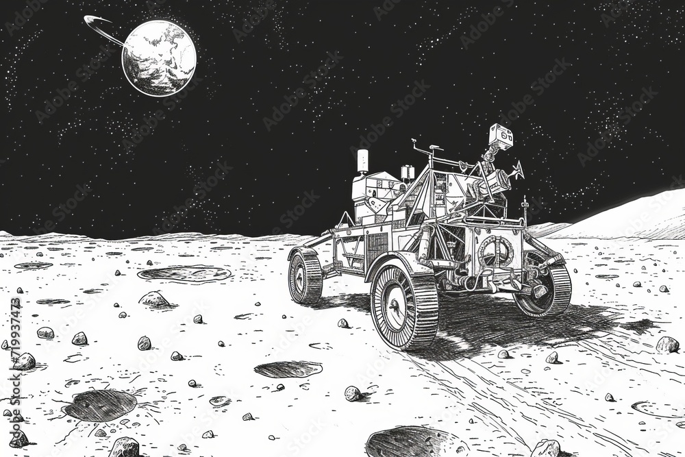 A detailed line drawing of a lunar rover on the moon's surface, with ...