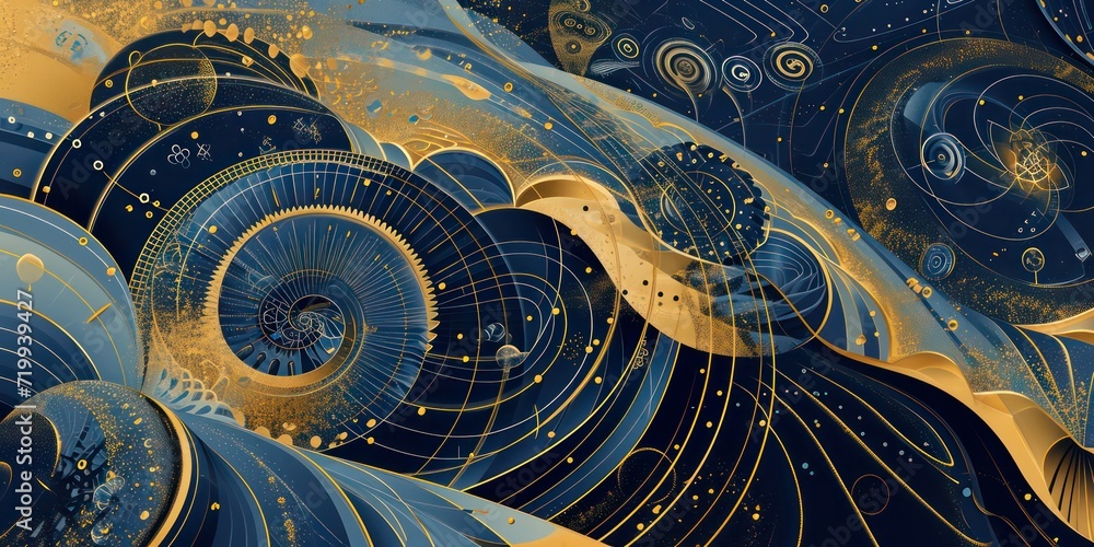 Geomatic in the style of light indigo and gold, with curvilinear ...