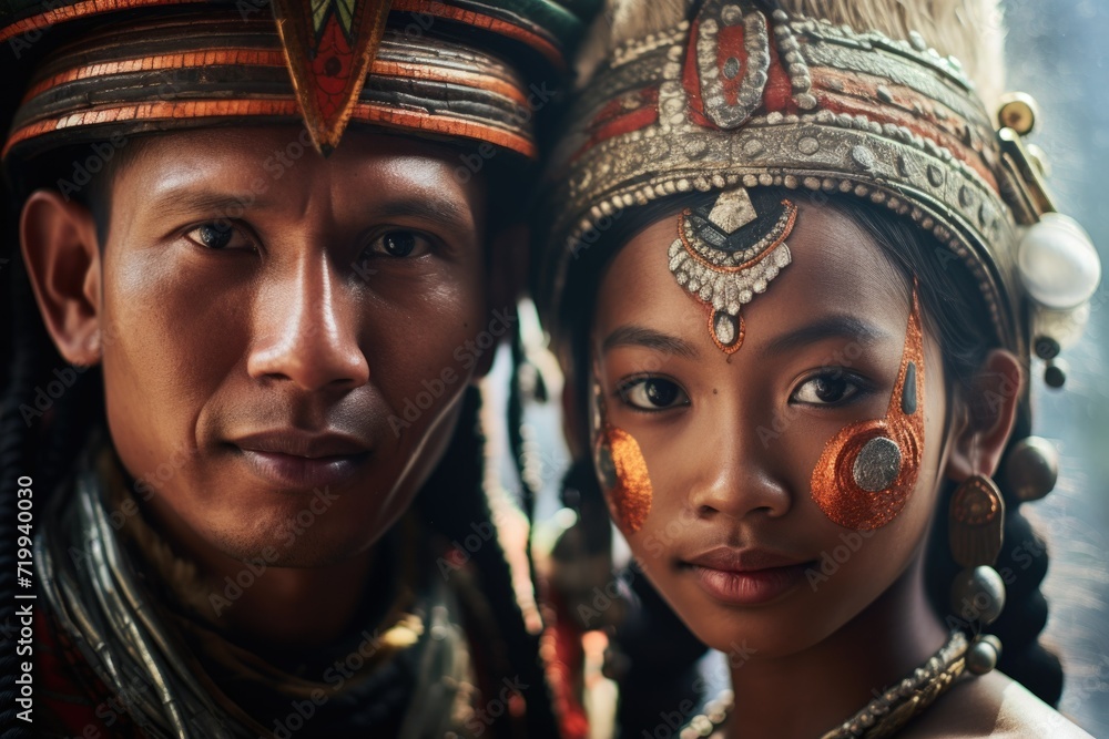 A picture featuring a man and a woman dressed in traditional costumes ...