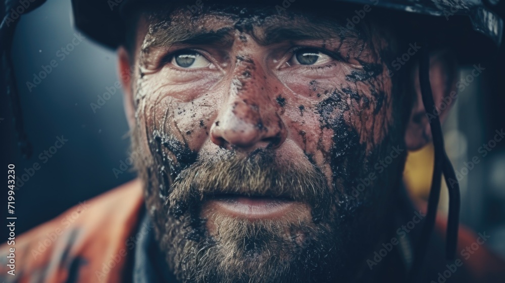 A close-up image of a man with dirt on his face. This picture can be ...