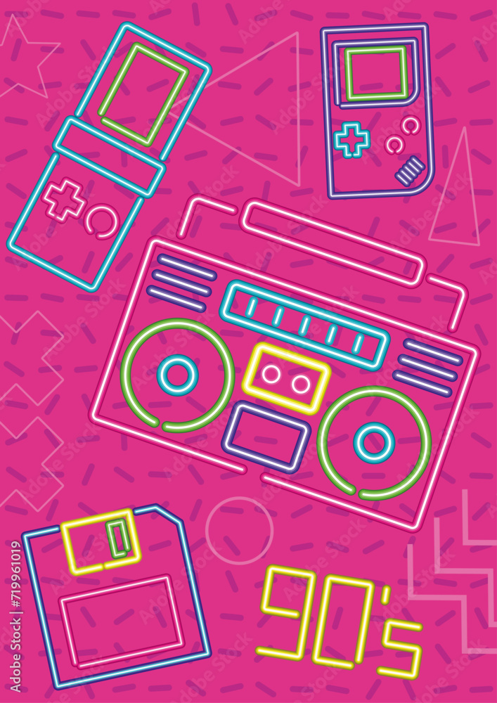 1990s Background, Abstract Shapes, Neon Light Boombox, Electronic ...