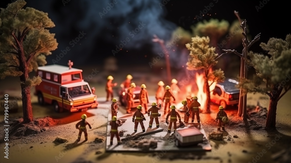 miniature model of firefighters against the fire. accident rescue ...