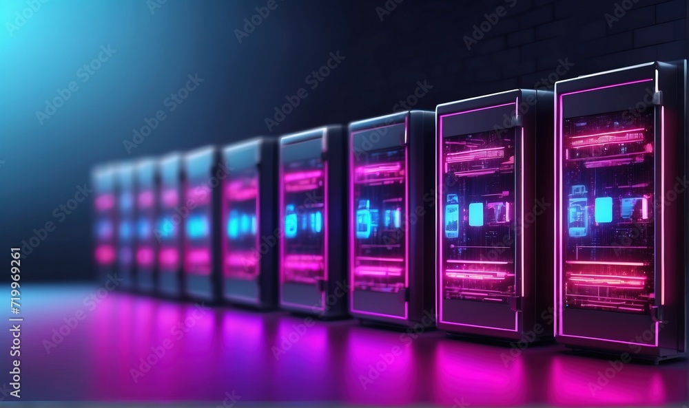 Row of network servers screen lock. Cyber security, data protection ...