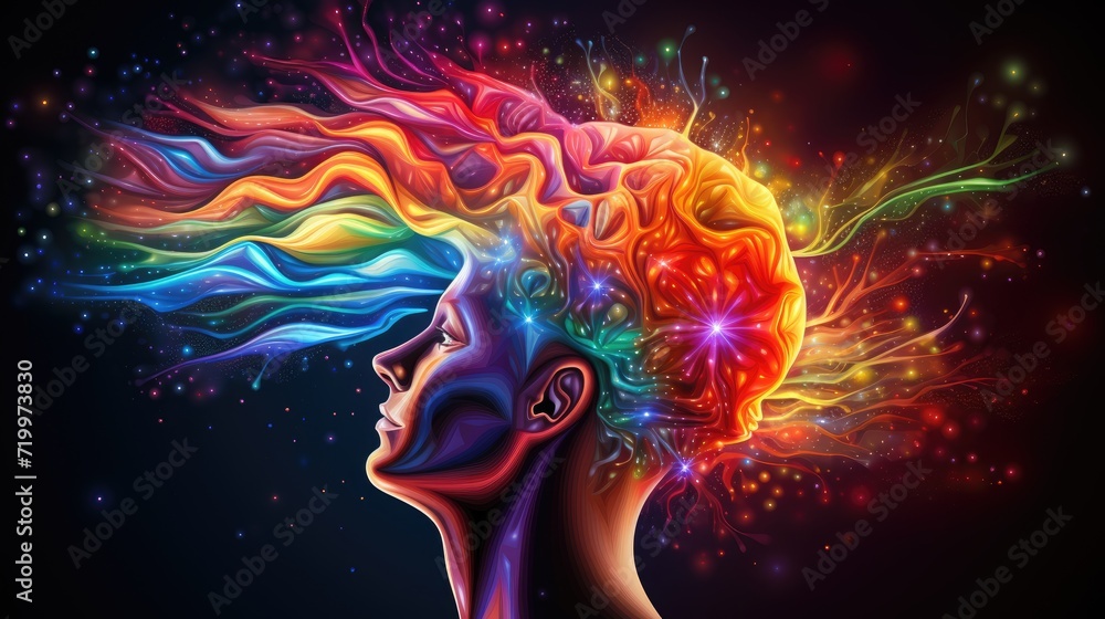 Illustration of brain with a spectrum of radiant colors flowing through ...