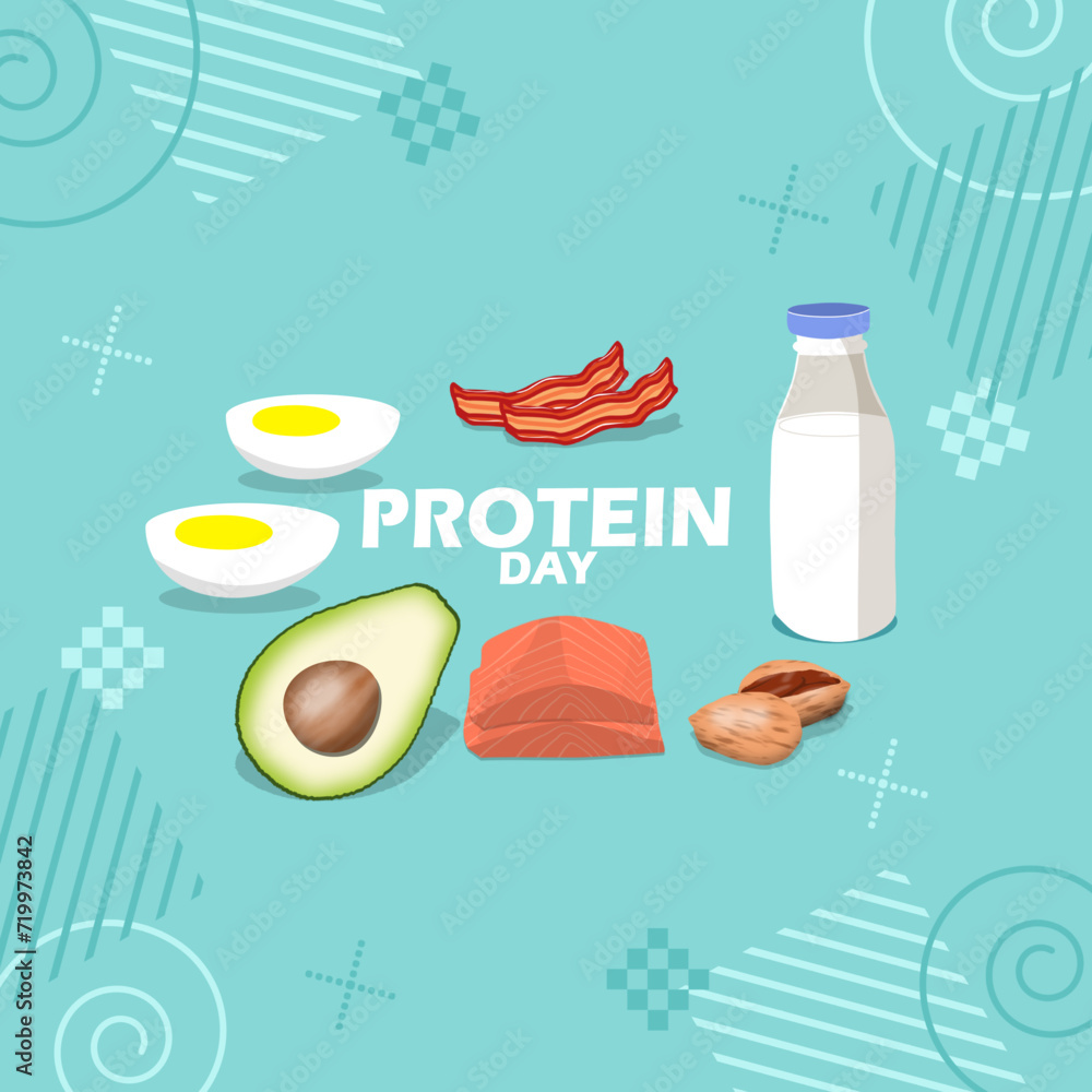 National Protein day event banner. Several types of food that contain ...