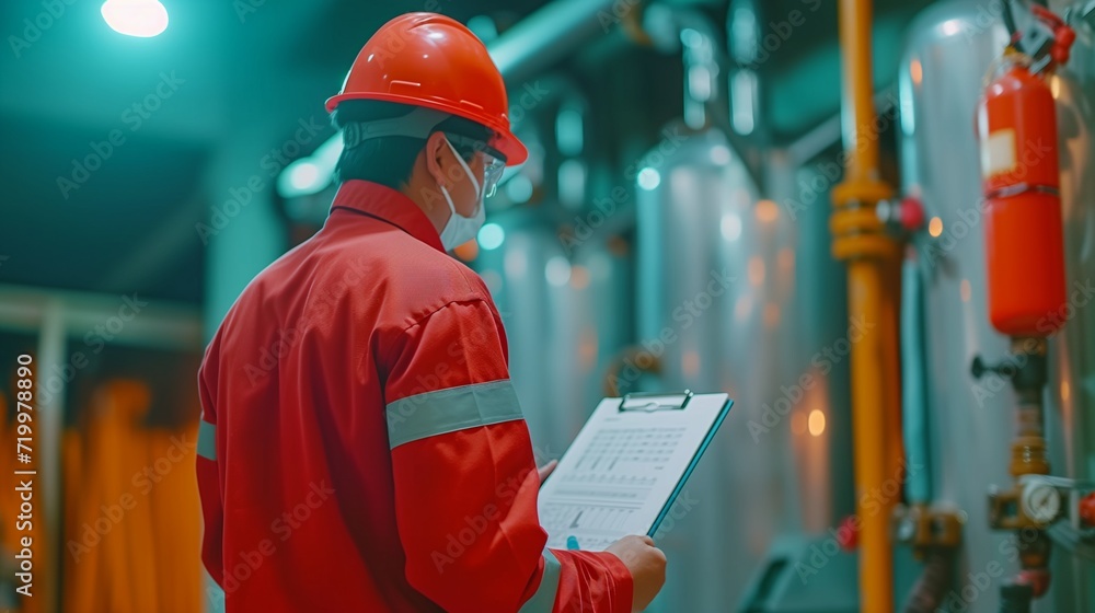 safety officer worker checking a fire extinguisher in a warehouse ...