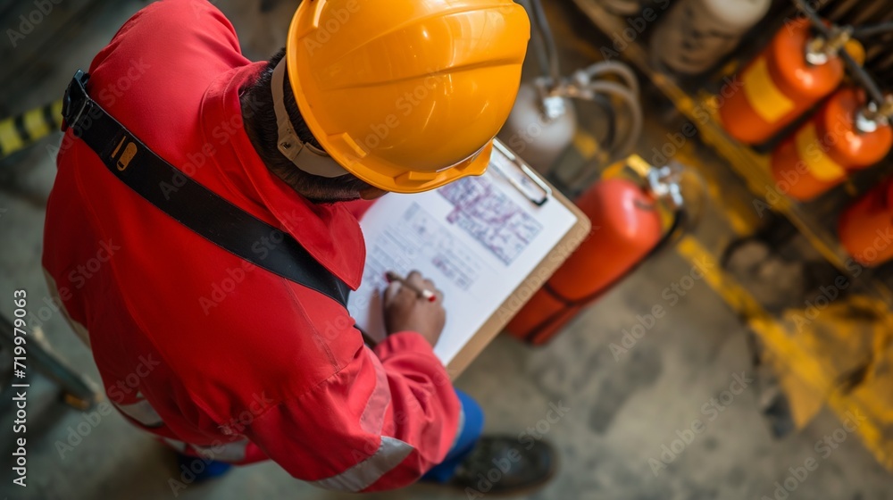 safety officer worker checking a fire extinguisher in a warehouse ...