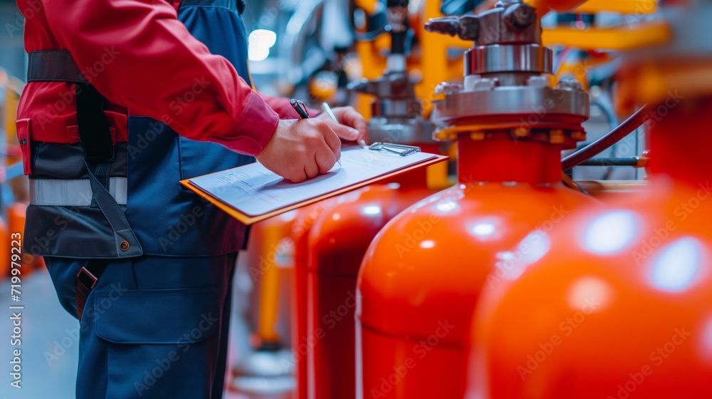 safety officer worker checking a fire extinguisher in a warehouse ...