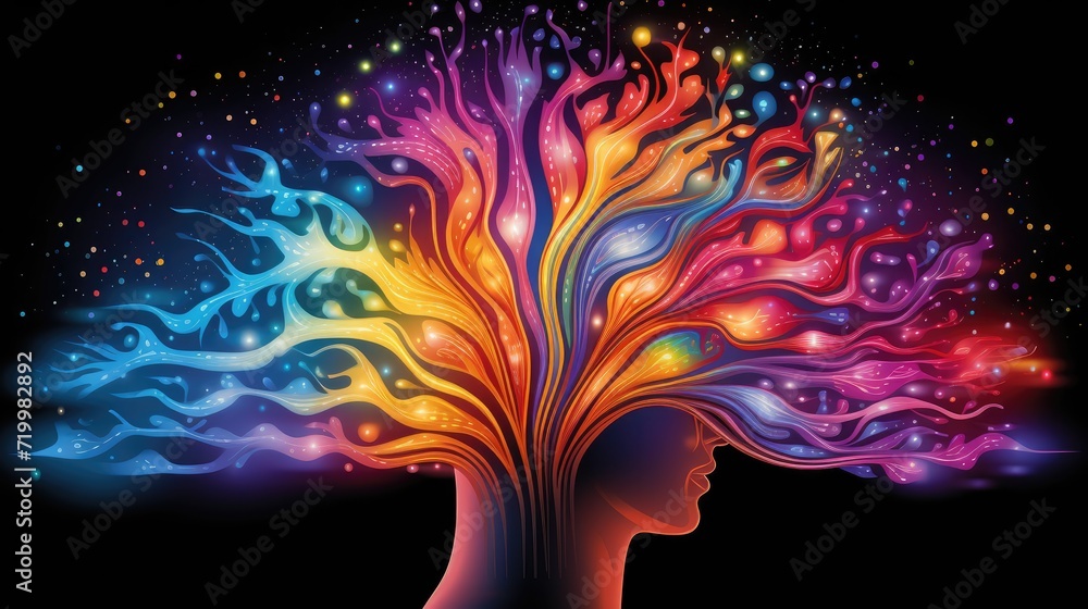 Illustration of brain with a spectrum of radiant colors flowing through ...