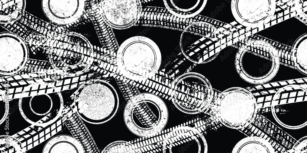 Tire track seamless and stamps pattern. Grange tread marks .Grunge ...