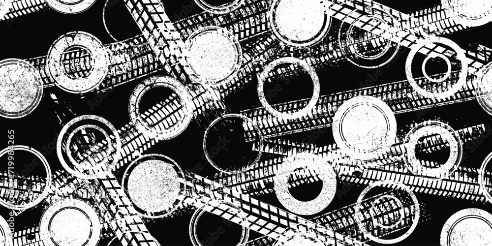 Tire track seamless and stamps pattern. Grange tread marks .Grunge ...