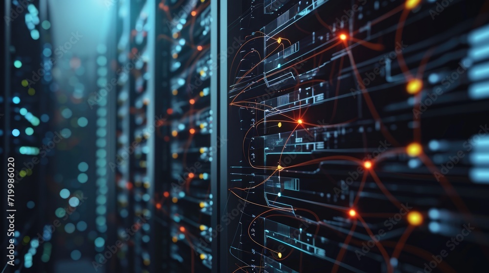 Poster, Foto Server rack animation with interconnected circuit board ...