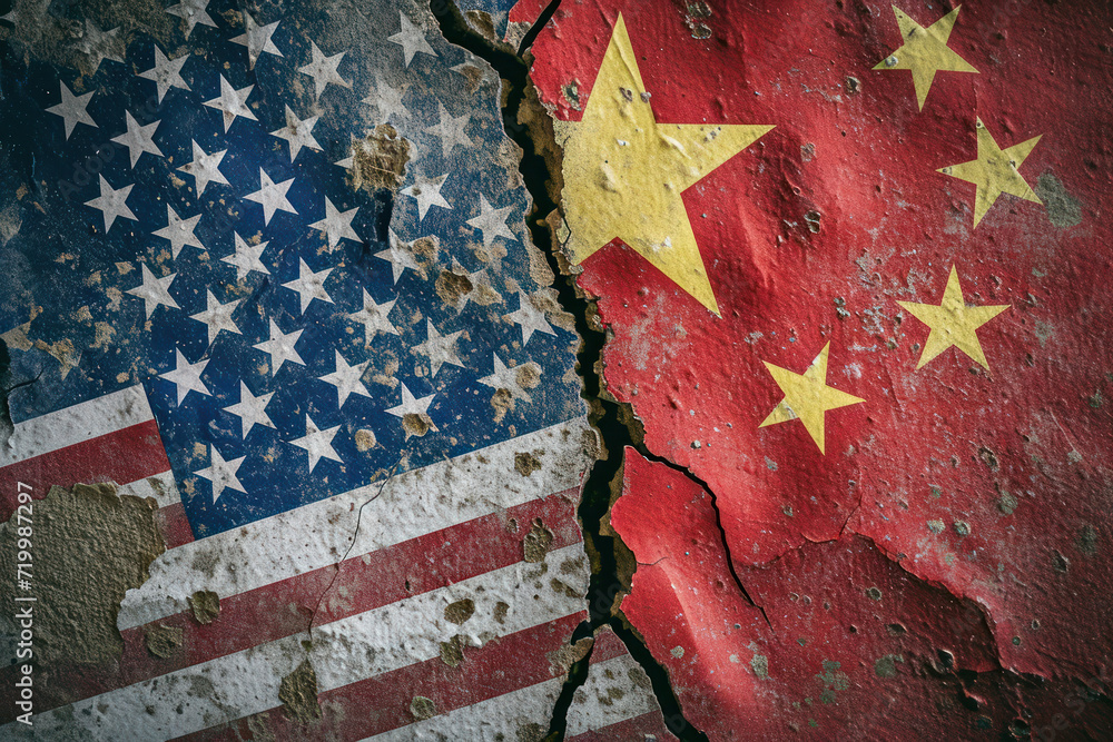 US and China Flags on Cracked Surface. The juxtaposed flags of the ...