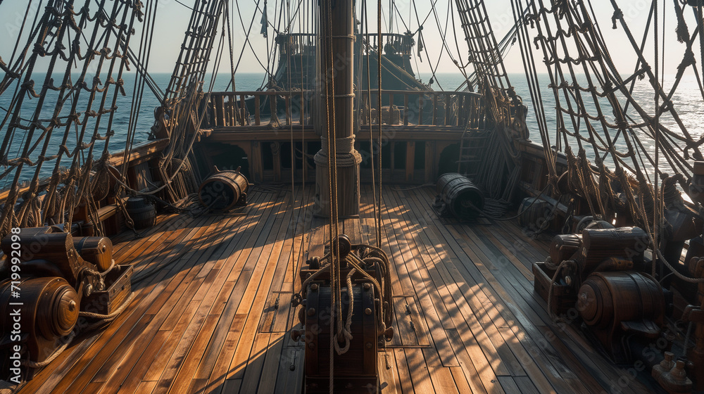 Deck of old pirate ship sailing in open deep sea during day time with ...