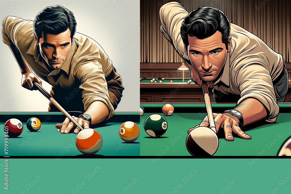 Professional billiard player cartoon illustration, Snooker equipment ...