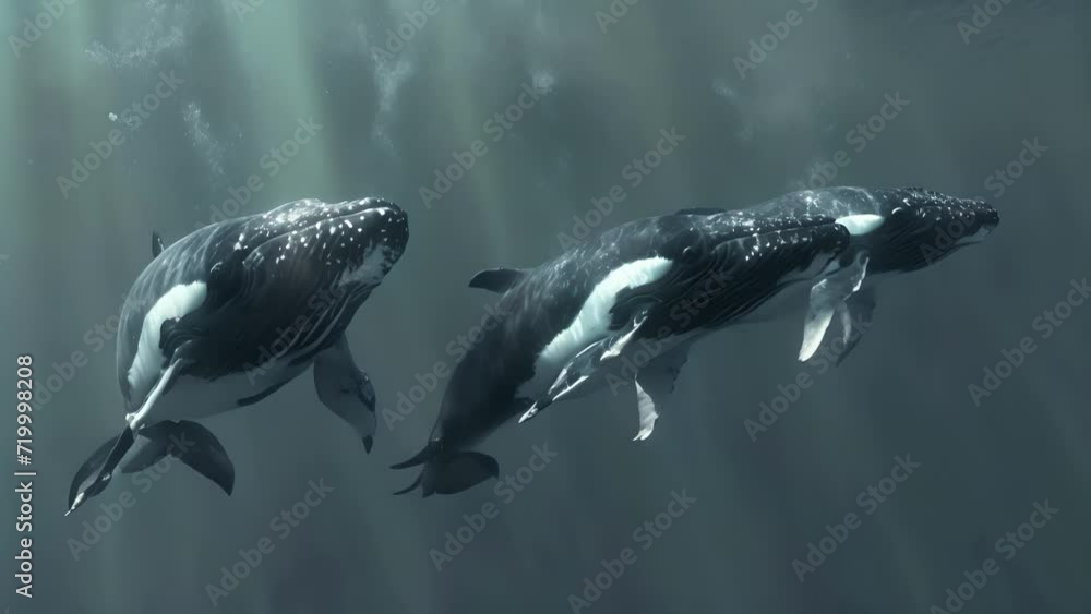 Vidéo Stock A group of three whales gracefully floating in a triangular ...