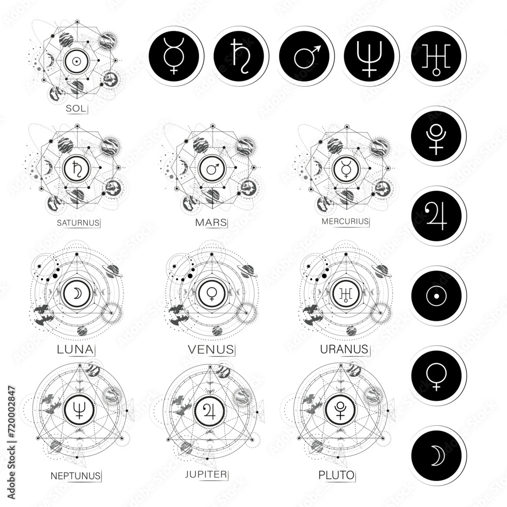 Design of astrological vector, black and white stickers. Vector drawing ...