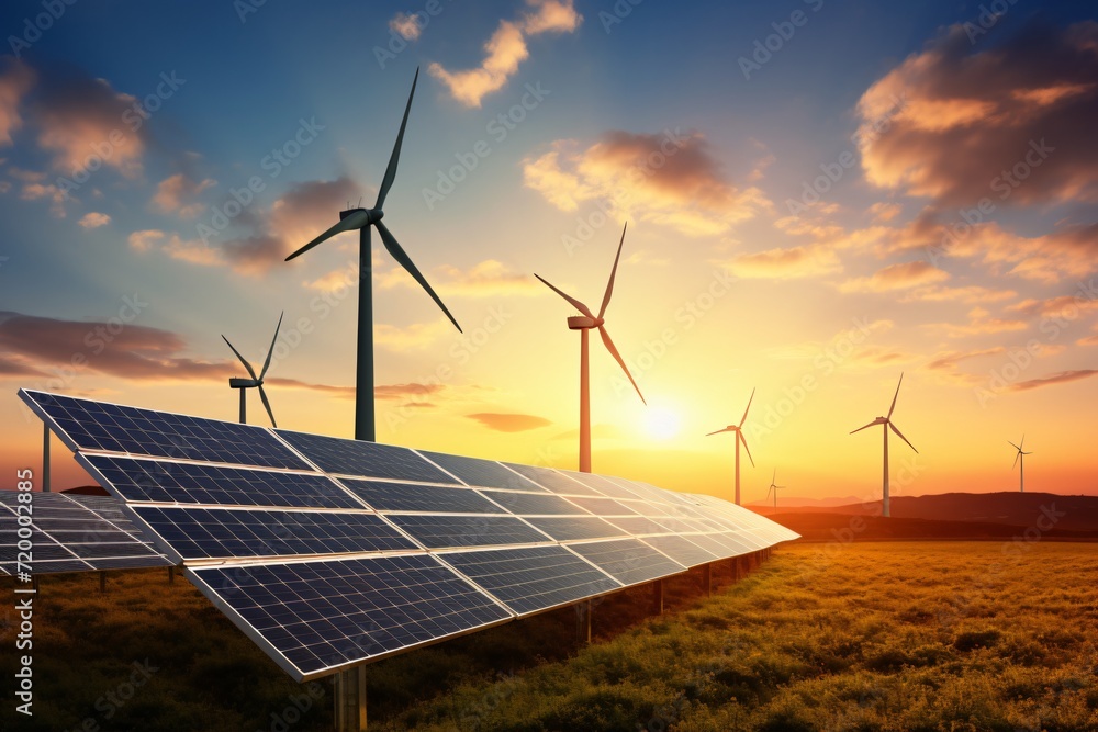 solar panels and windmill green ground against backdrop of rising sun ...