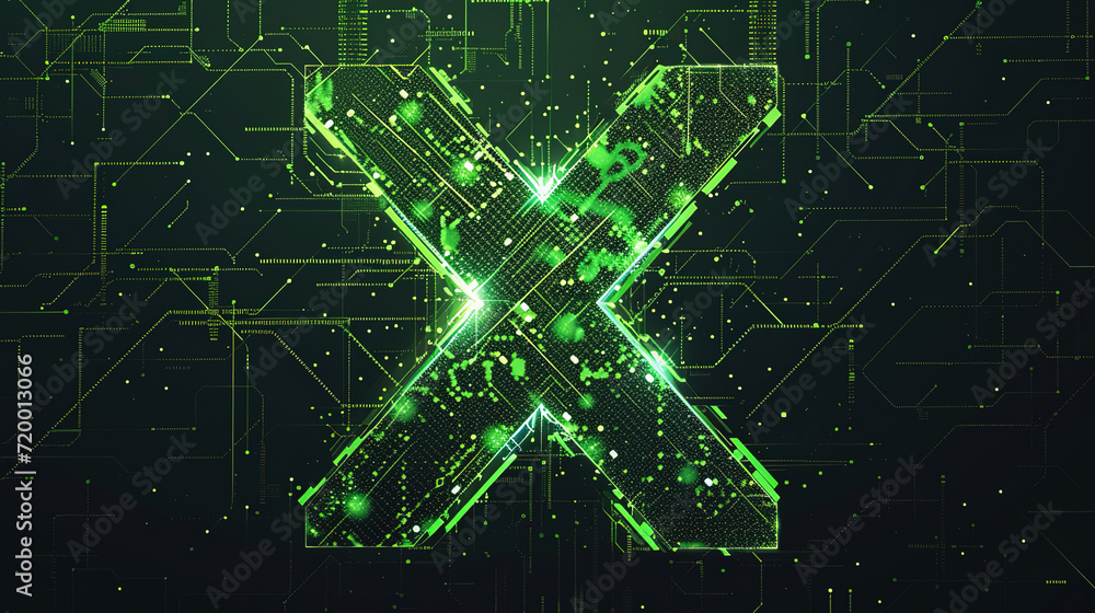 Pixelated X mark in neon green, blending futuristic aesthetics on a ...