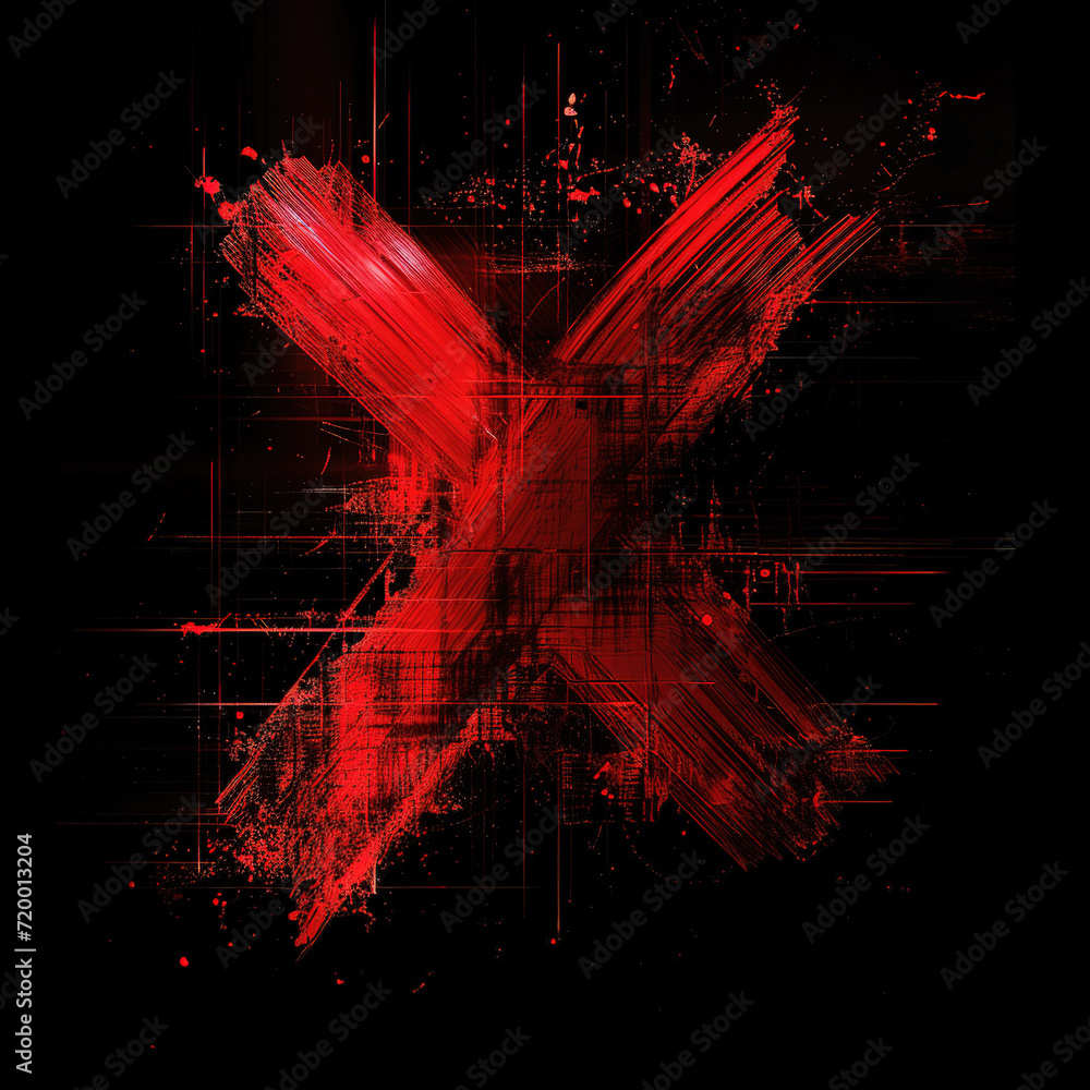 Distorted red X mark created through glitch effects on a dark ...