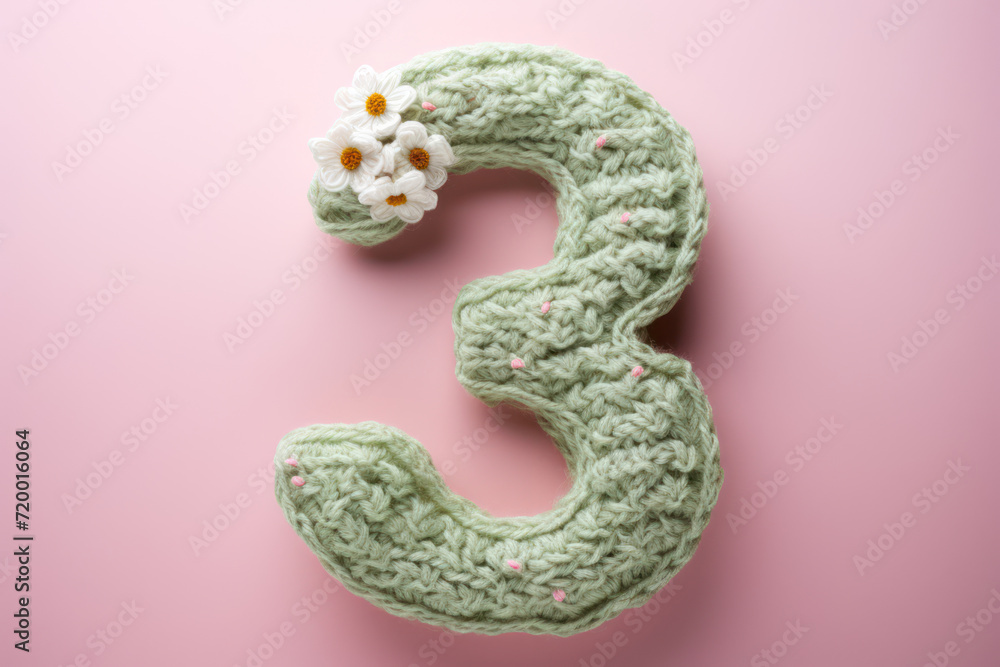 Crocheted number 3 with pale pink wool, creating a delicate texture ...