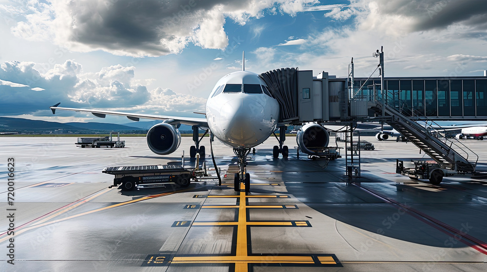 Preparation of the airplane before flight. Plane is docking at the ...