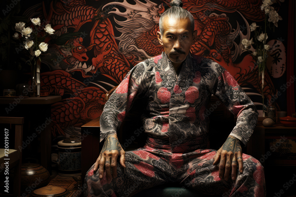 Photograph of a Yakuza member adorned with traditional irezumi tattoos ...