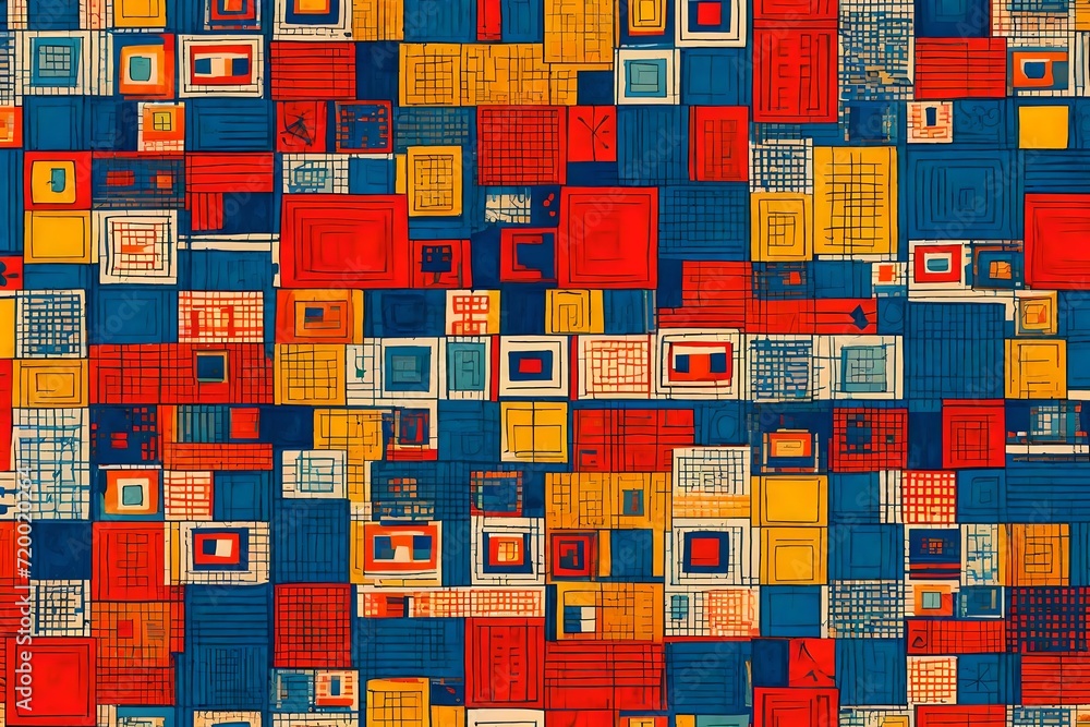 A dance of squares takes center stage, creating a retro-style print ...