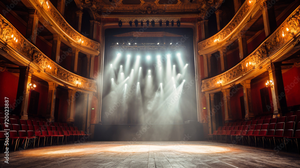 Elegant interior of a grand theater stage with spotlight beams and ...