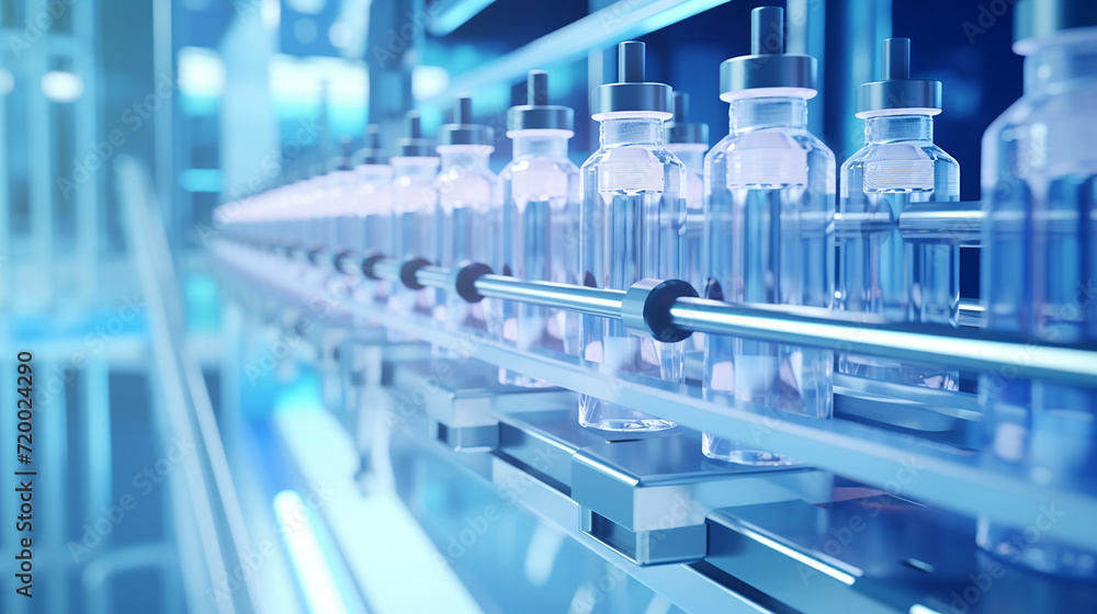 pharmaceutical manufacture background with glass bottles with clear ...