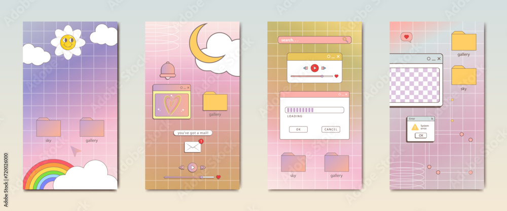 set of aesthetic 90s retro vaporwave post and story template. Social ...