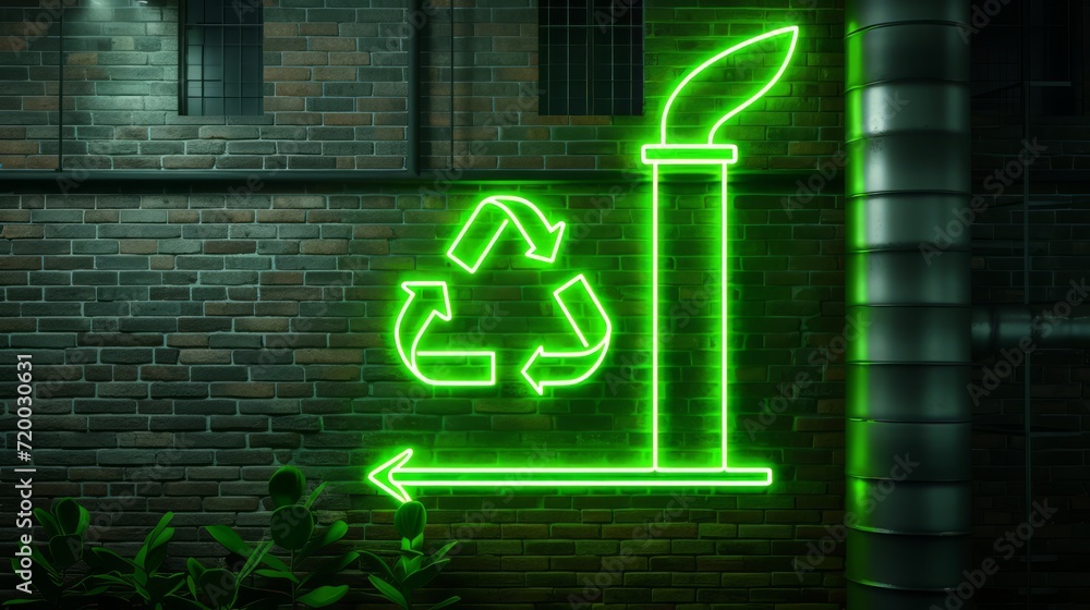 Green Neon lights of Eco Friendly Factory Wall Brick Background. Green ...