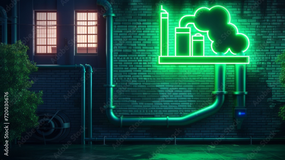 Green Neon lights of Eco Friendly Factory Wall Brick Background. Green ...