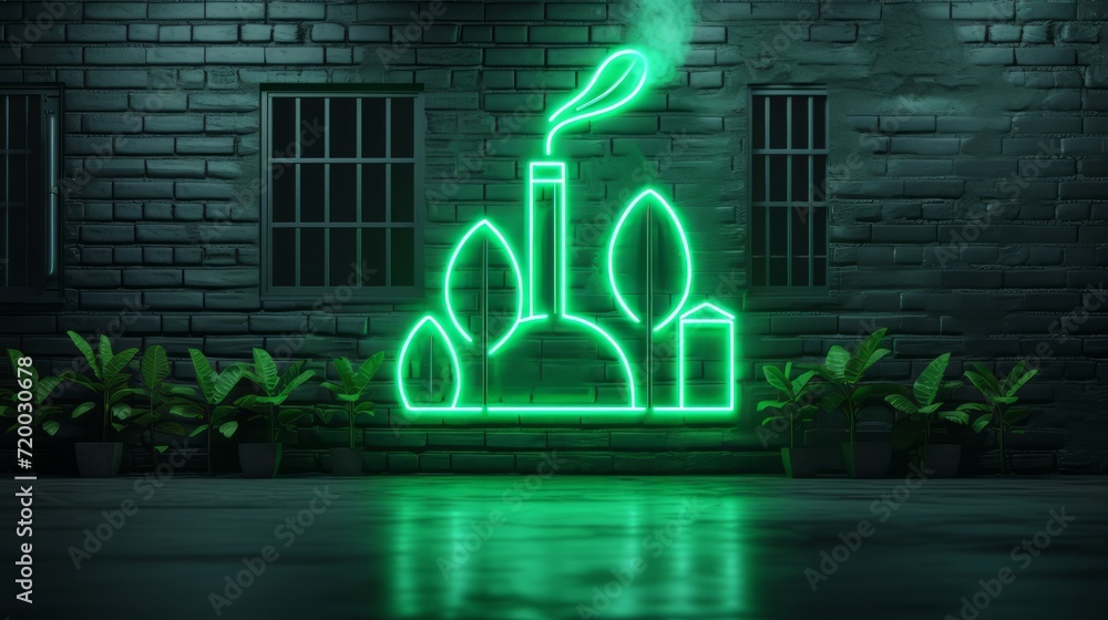 Green Neon lights of Eco Friendly Factory Wall Brick Background. Green ...