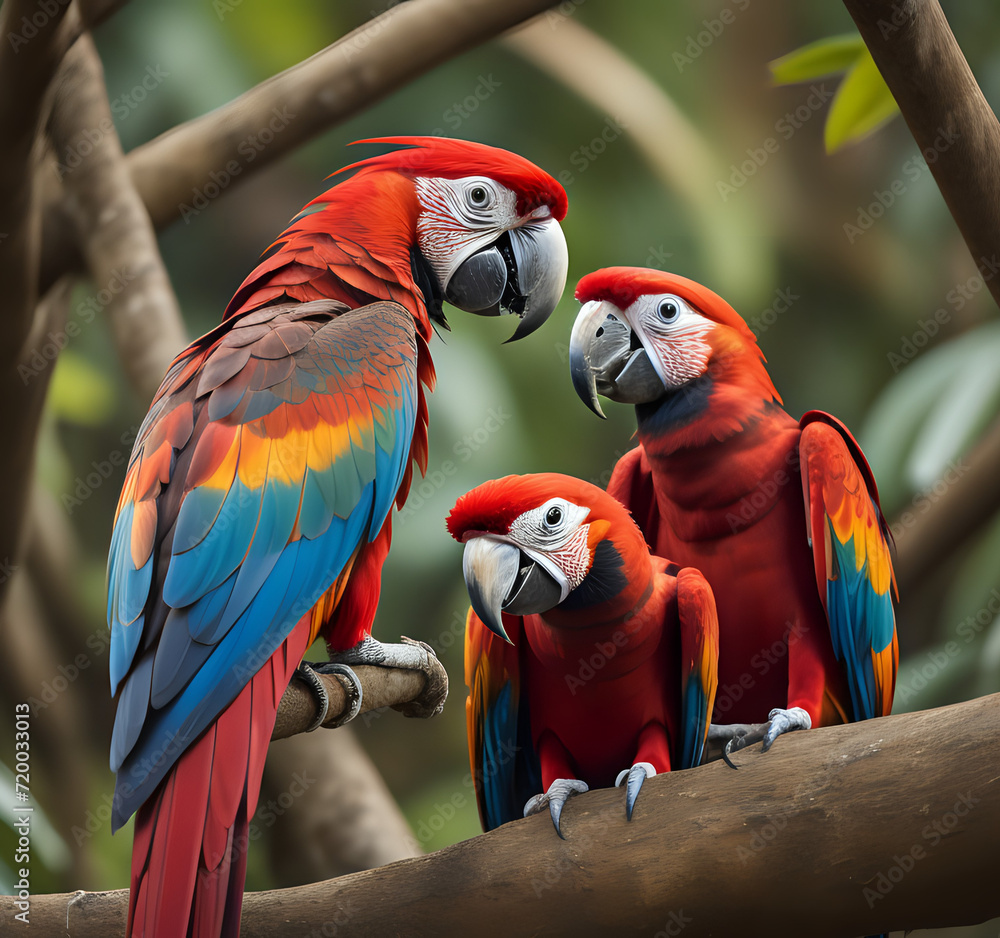 Couple of Beautiful Parrot on the on the Branch of a Blooming Tree ...