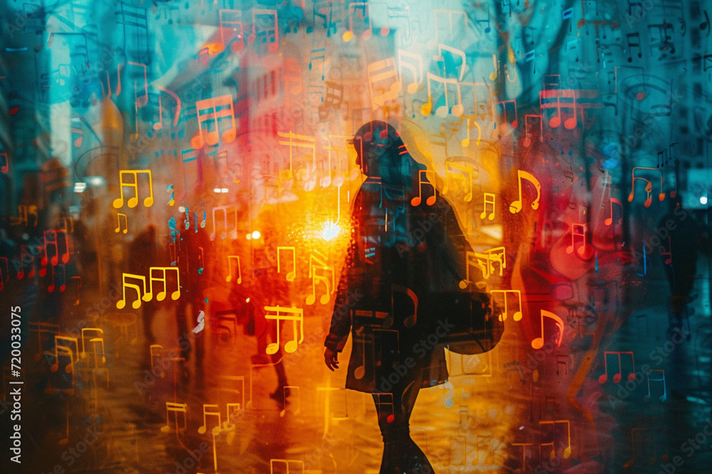 A joyful depiction of a street performer, with lively music notes ...
