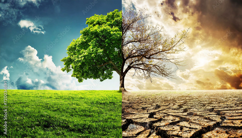 Global warming concept and climate change. Half bare tree on barren ...